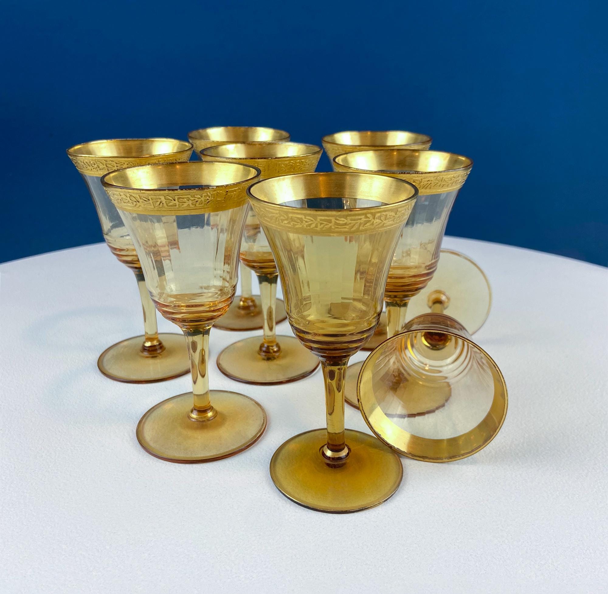 Antique Tiffin Sherry Cordial Sweet Wine Fluted Glasses with Gold Embo ...