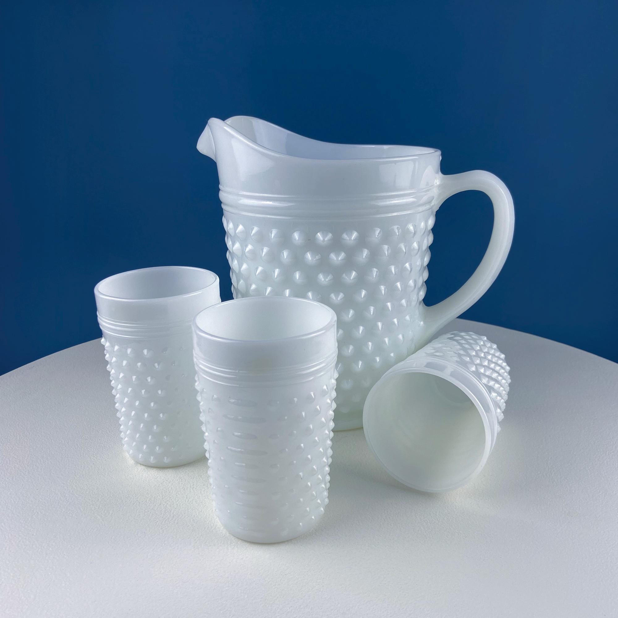 Large Milk Glass Pitcher with Hobnail Pattern and 3 Matching Tall Glas ...