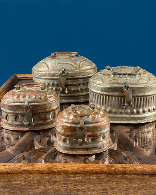 Hand Pounded Copper Cricket Boxes with Hinged Lids. Set of 4 Oval Meta ...