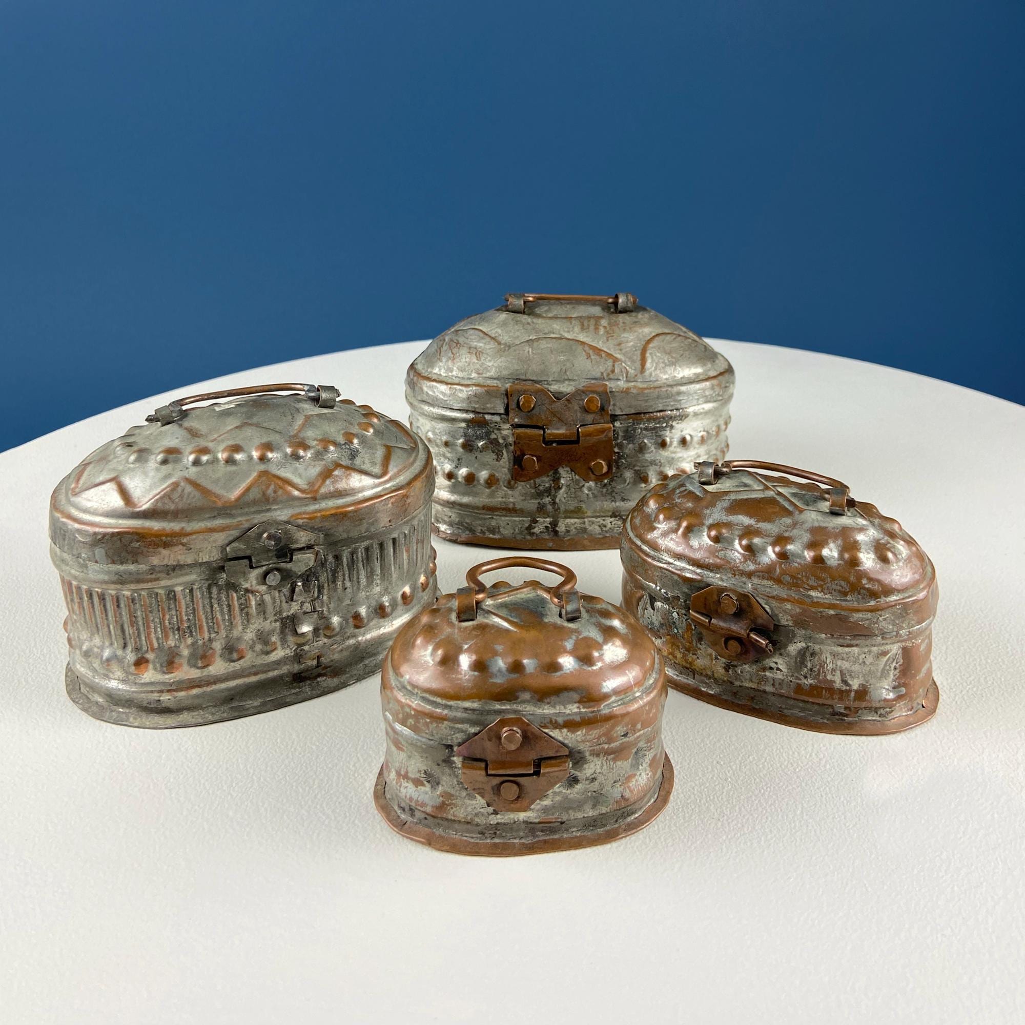 Hand Pounded Copper Cricket Boxes with Hinged Lids. Set of 4 Oval Meta ...