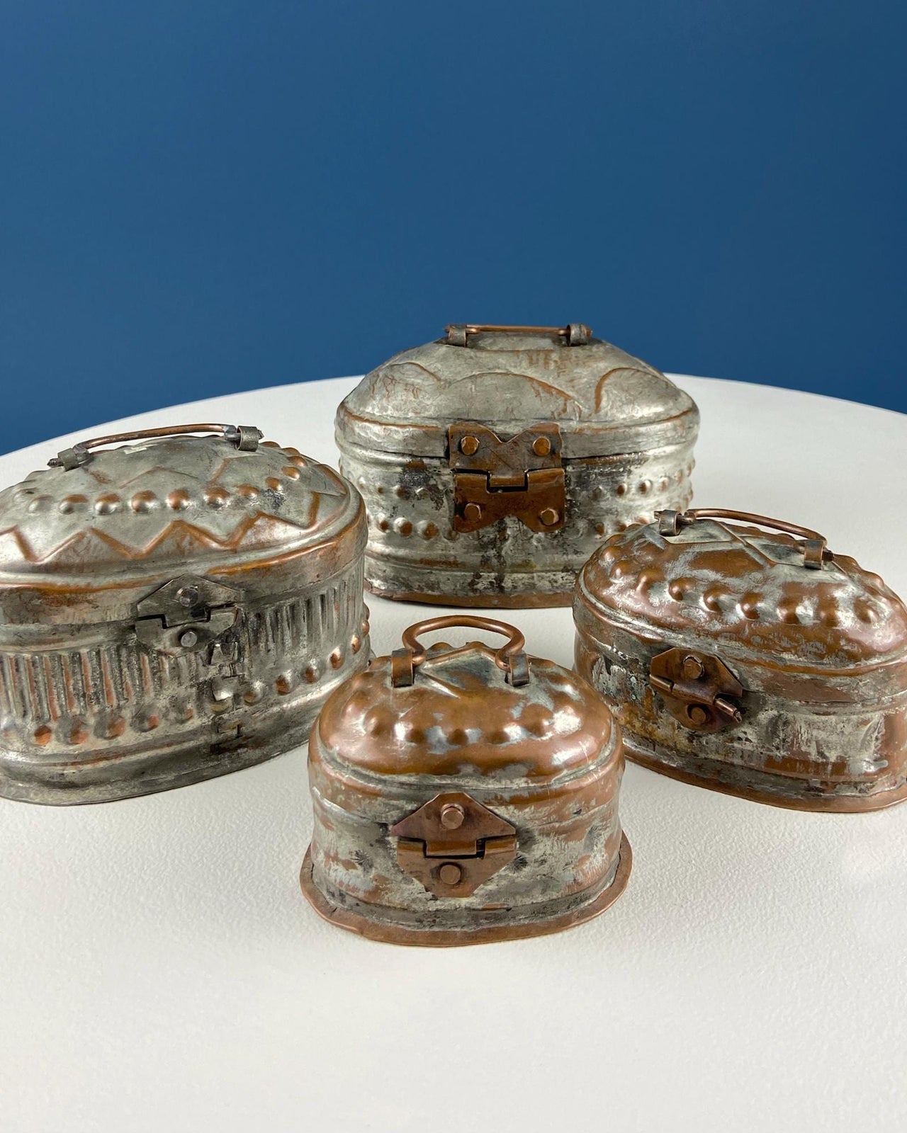 Hand Pounded Copper Cricket Boxes with Hinged Lids. Set of 4 Oval Meta ...