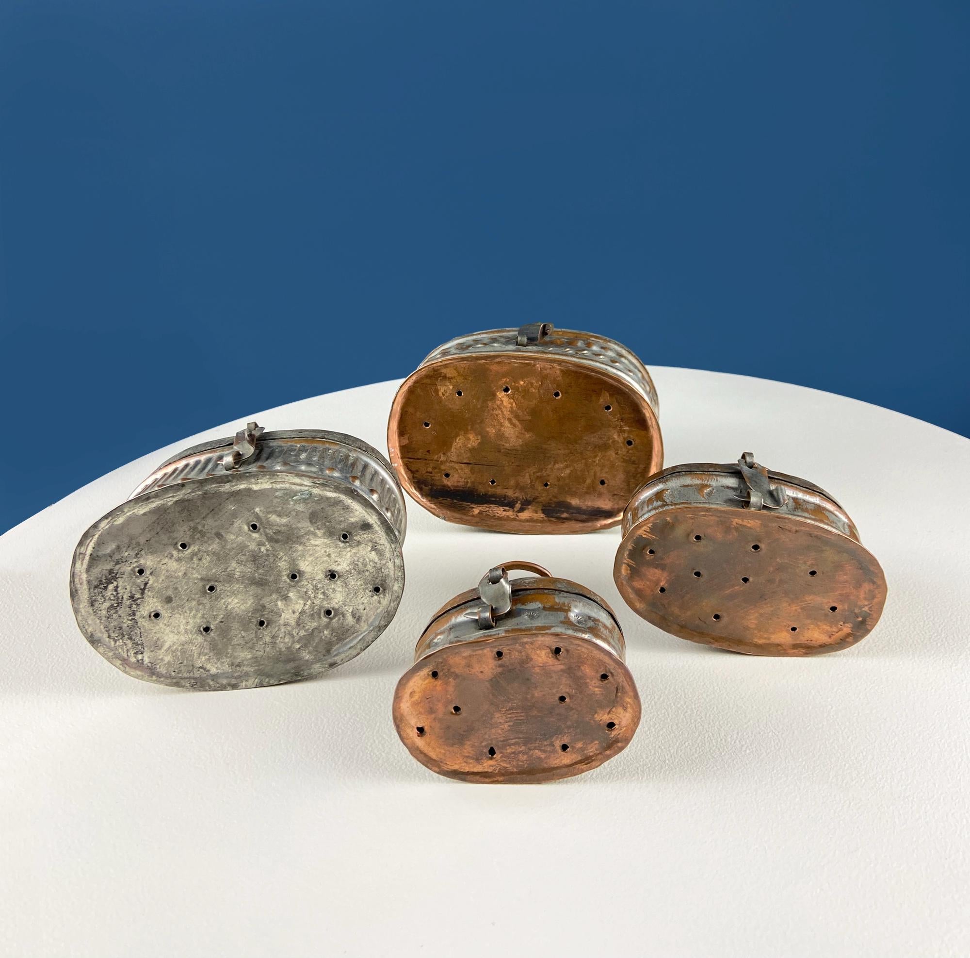 Hand Pounded Copper Cricket Boxes with Hinged Lids. Set of 4 Oval Meta ...