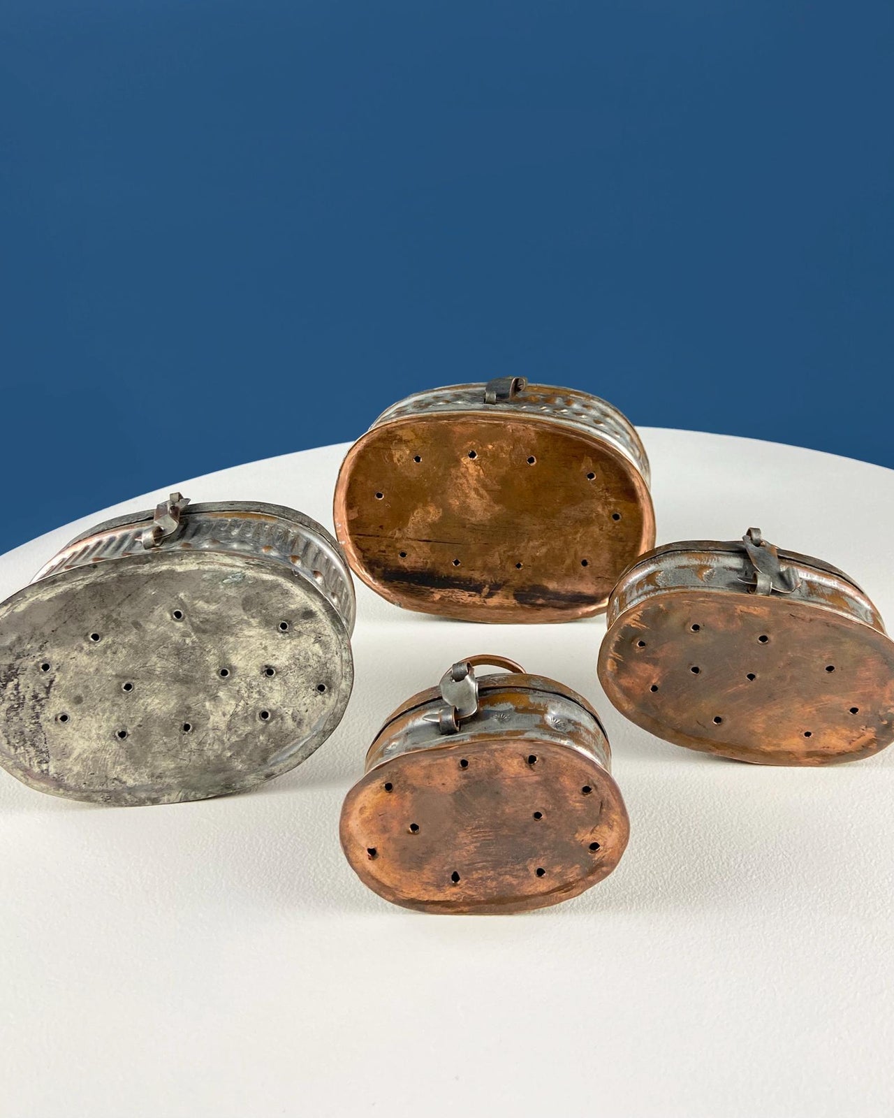 Hand Pounded Copper Cricket Boxes with Hinged Lids. Set of 4 Oval Meta ...