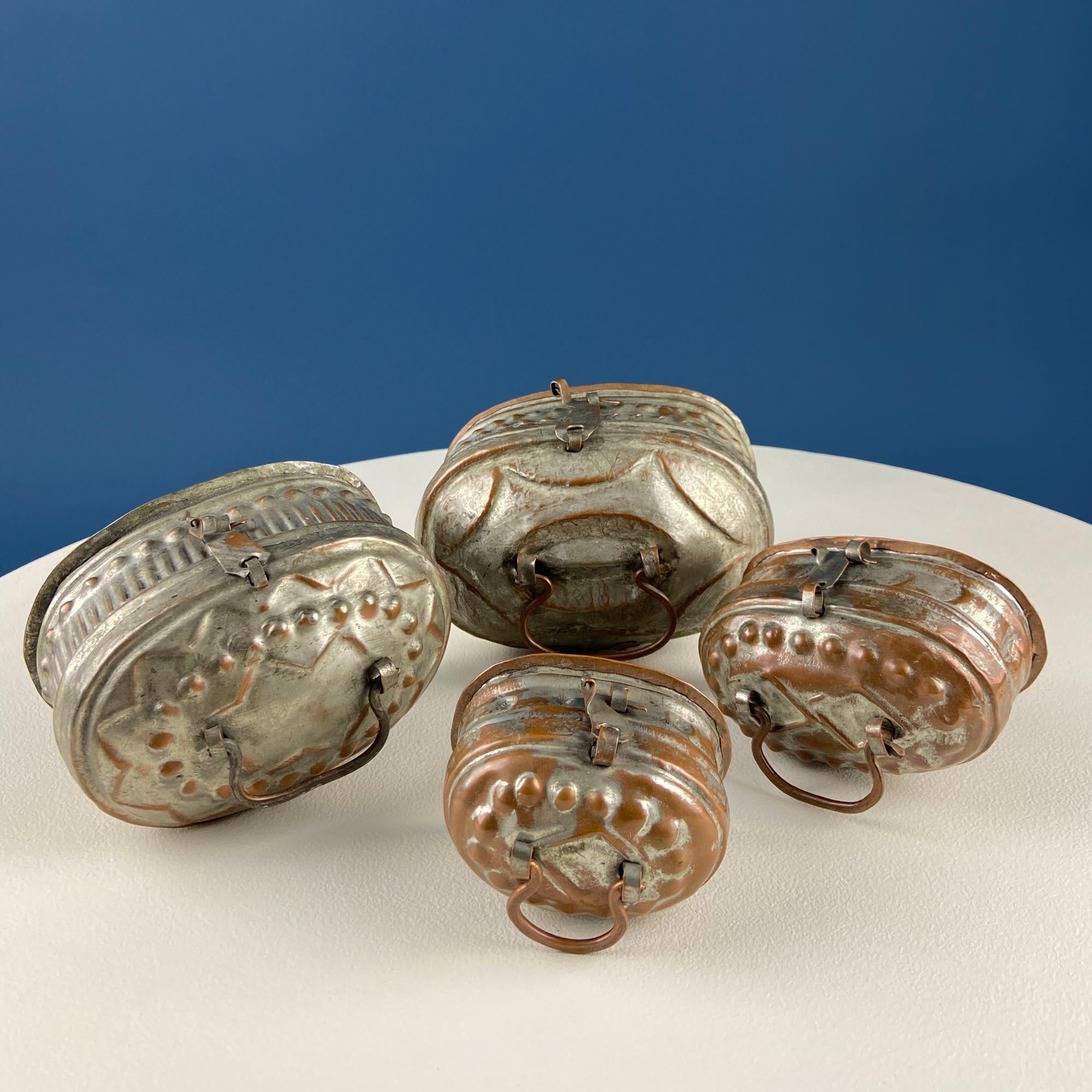 Hand Pounded Copper Cricket Boxes with Hinged Lids. Set of 4 Oval Meta ...