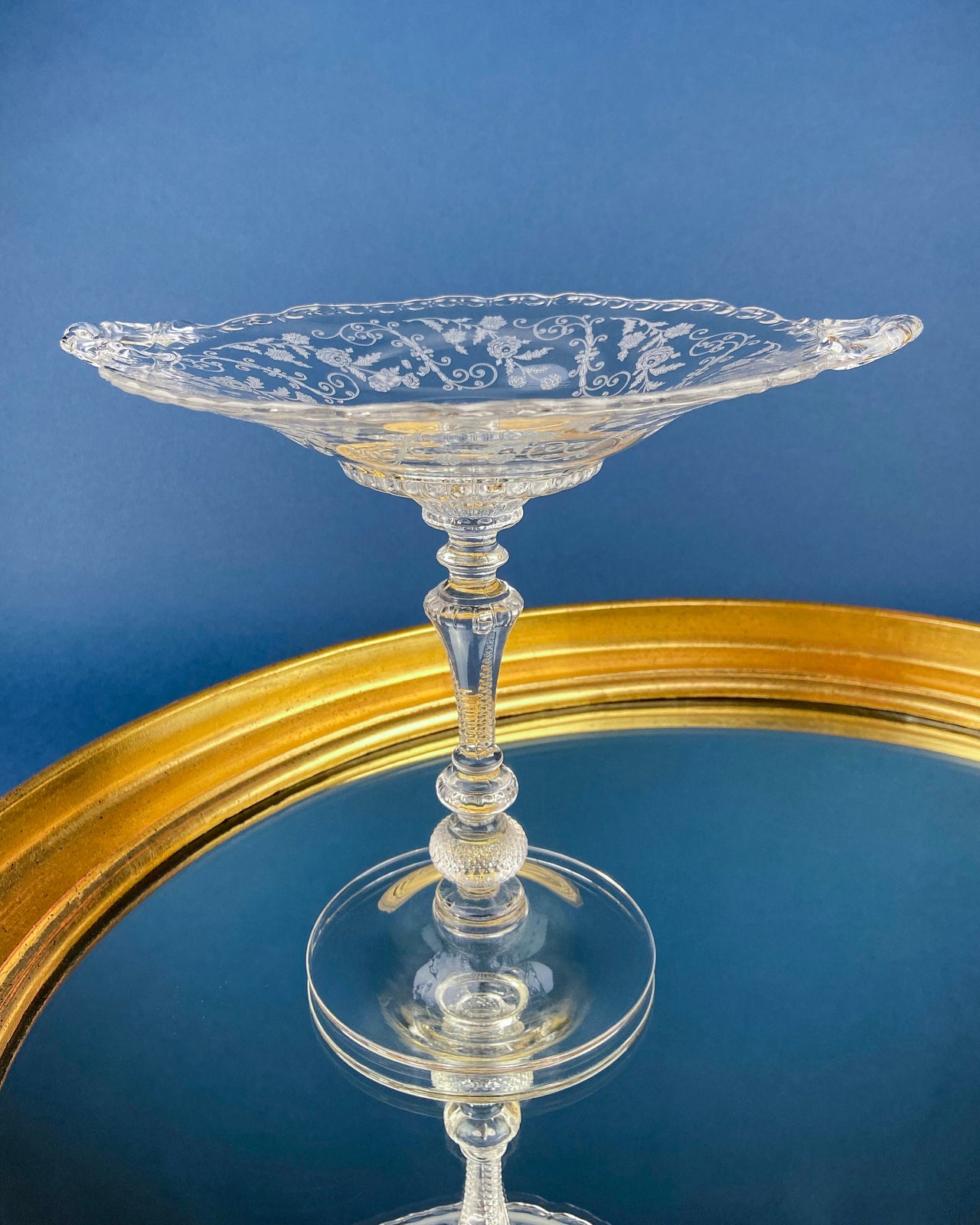 Vintage Etched Glass Compote. Floral & Geometric Design. Crystal Foote ...
