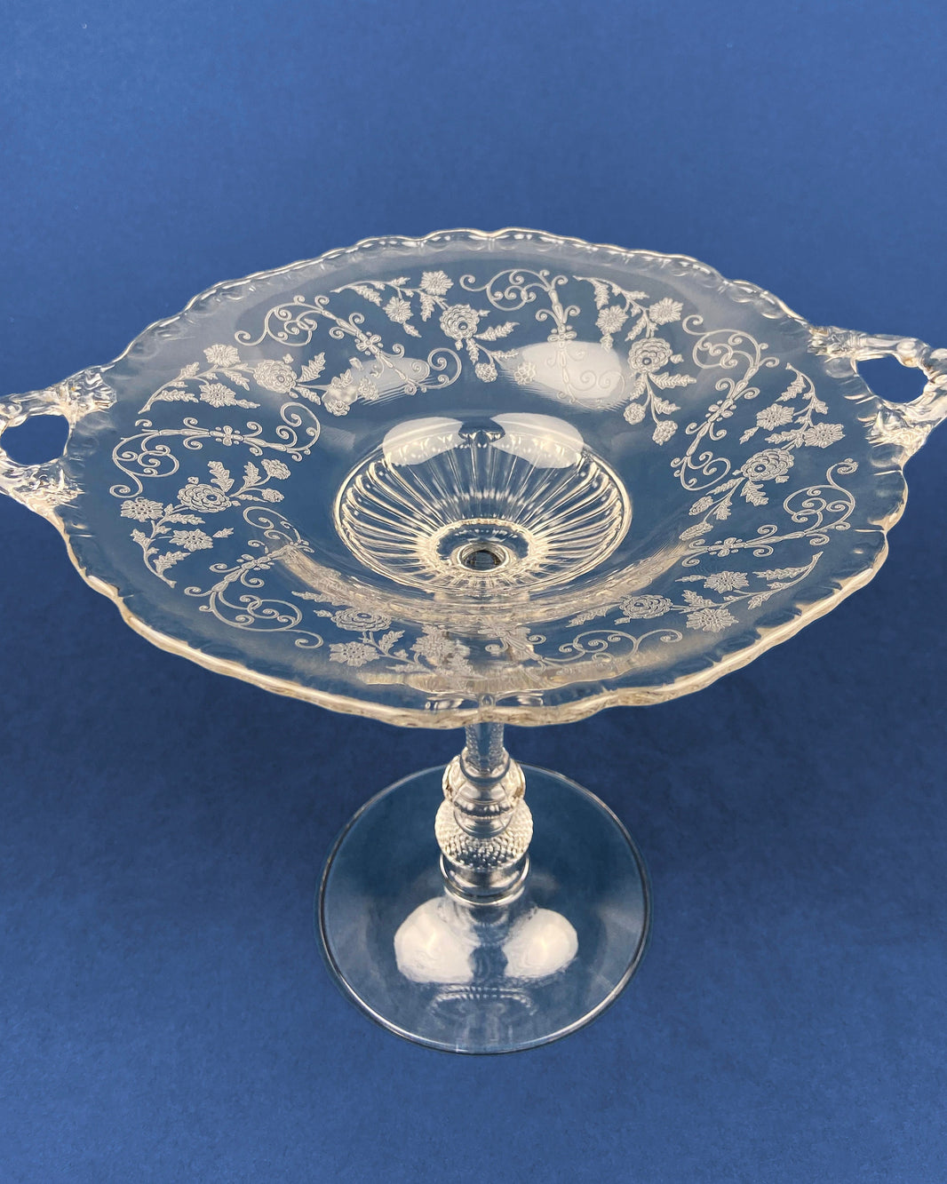 Vintage Etched Glass Compote. Floral & Geometric Design. Crystal Foote ...