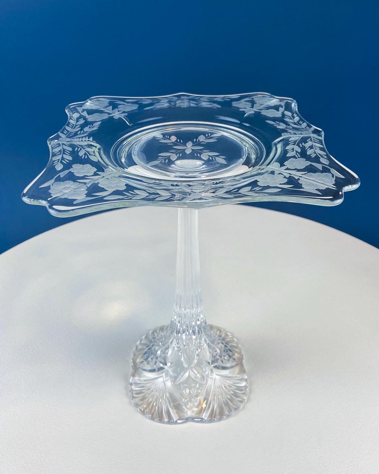 Vintage Etched Glass Compote. Floral & Geometric Design. Crystal Foote ...