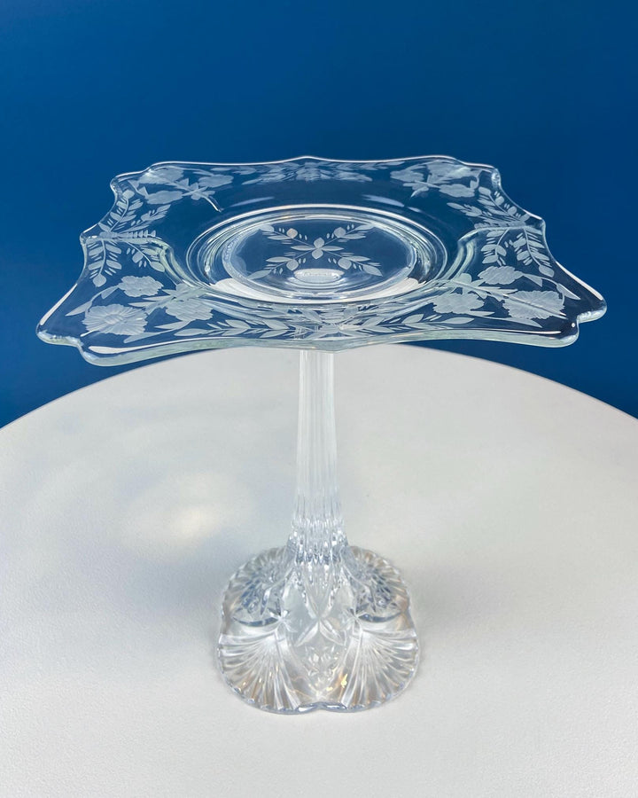 Vintage Etched Glass Compote. Floral & Geometric Design. Crystal Foote ...
