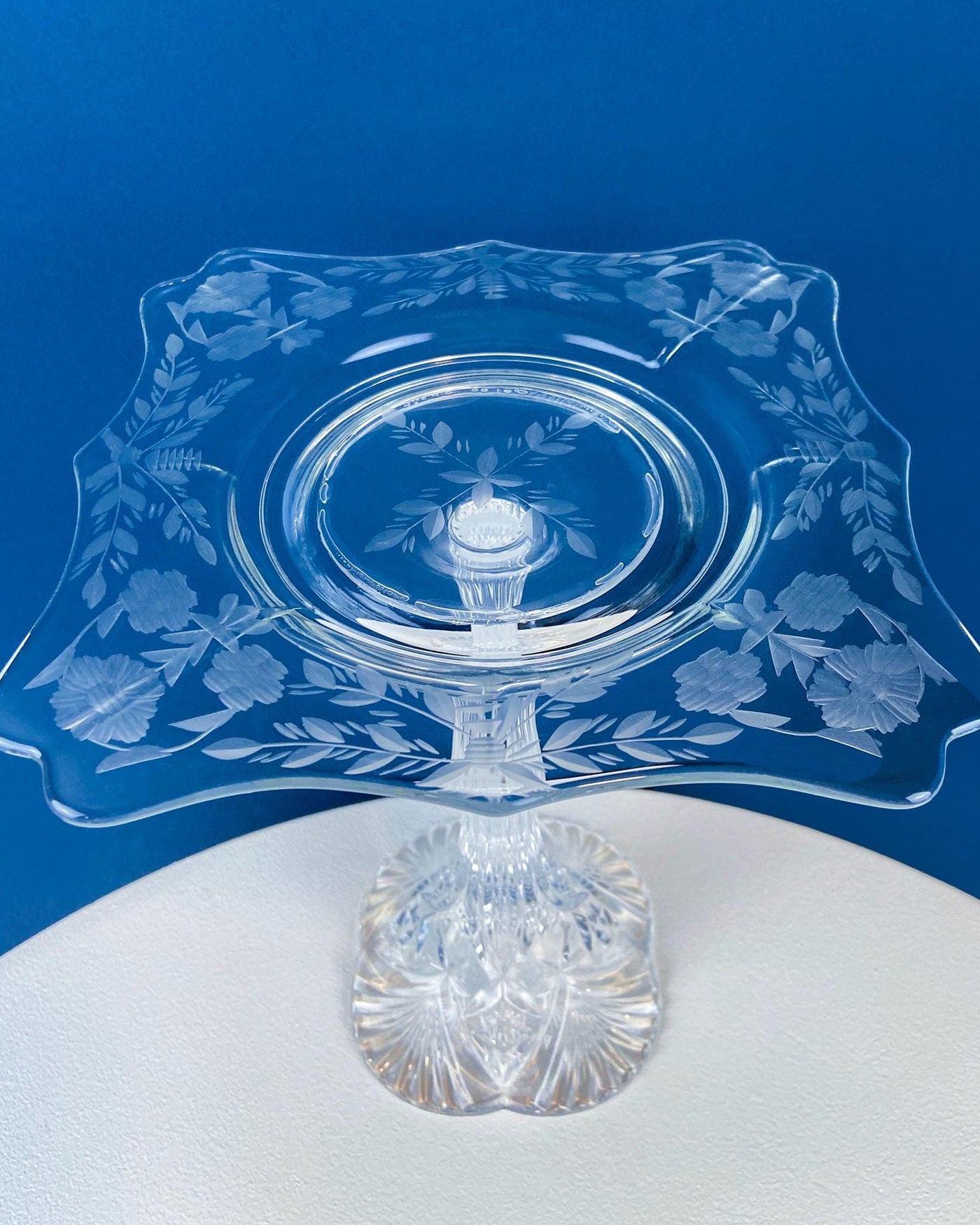 Vintage Etched Glass Compote. Floral & Geometric Design. Crystal Foote ...